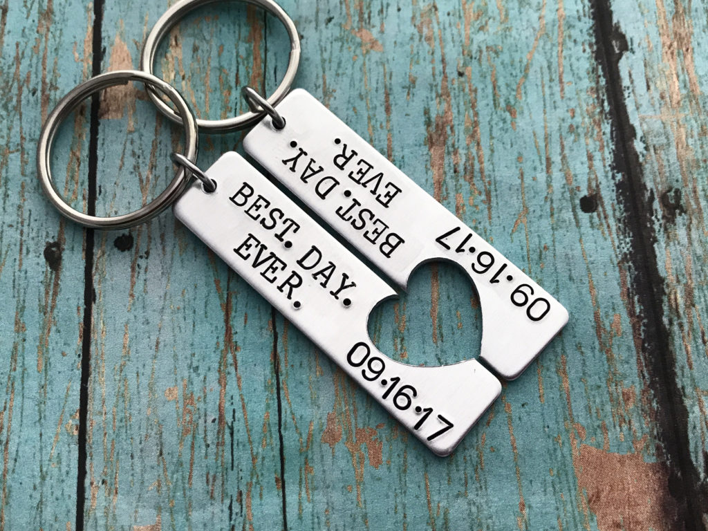 BEST DAY EVER wedding key chain set, hand stamped matching key chains ...