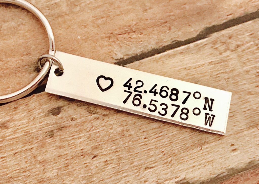 Coordinates keychain , special location, trip, wedding, birth place ...